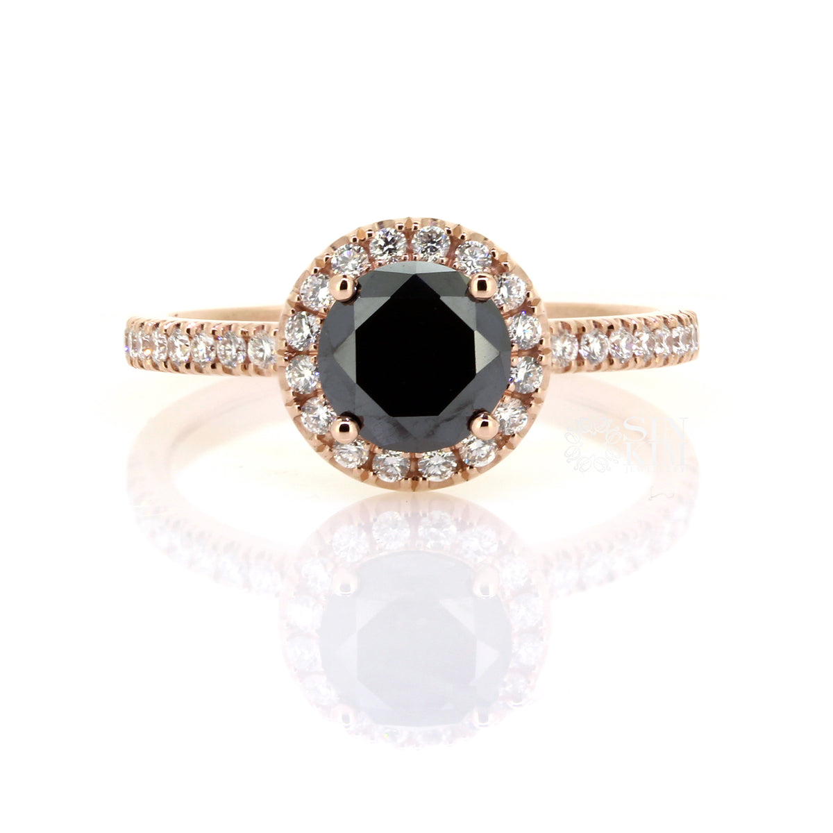 Nicole Ring: Black Moissanite set in Rose Gold Diamond Halo Engagement ...